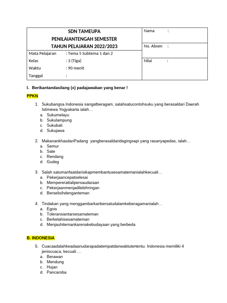 Soal PTS Kelas 3 Tema 5 Sub 1 dan 2 Hari Ke-1 - Websiteedukasi.com | PDF