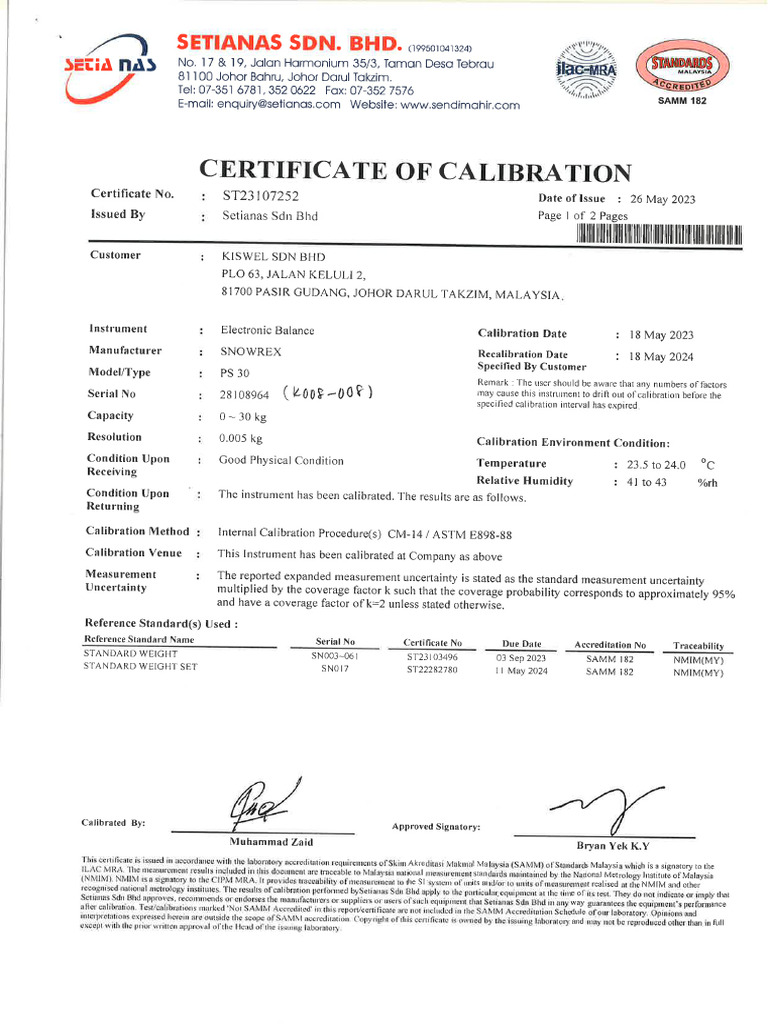05.3 Calibration Certificate K008-008 Weighing Scale | PDF ...