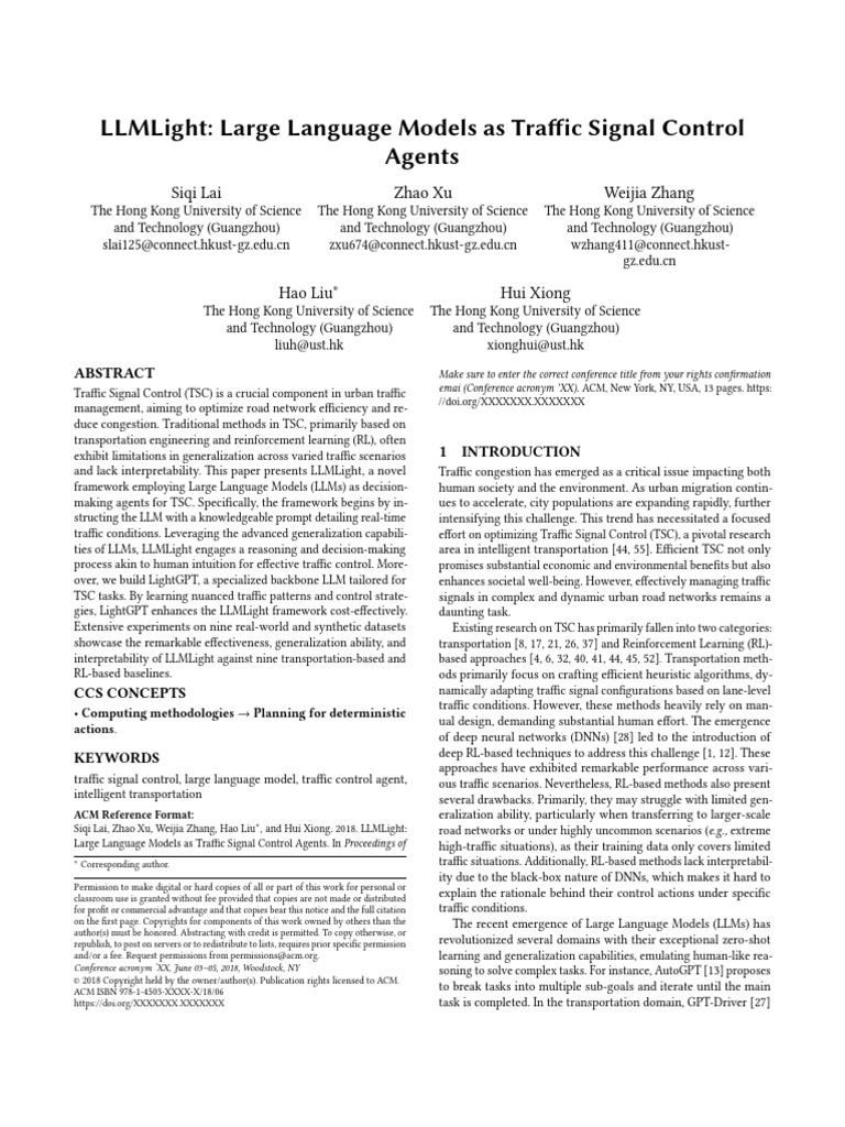 LLMLight Large Language Models As Traffic Signal Control Agent | PDF | Traffic | Intersection (Road)