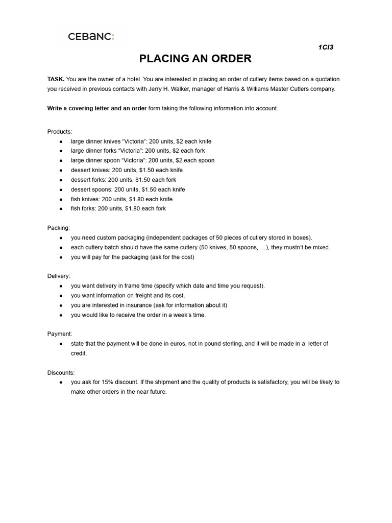 TASK Placing an order.docx (1) | PDF | Cutlery | Tableware