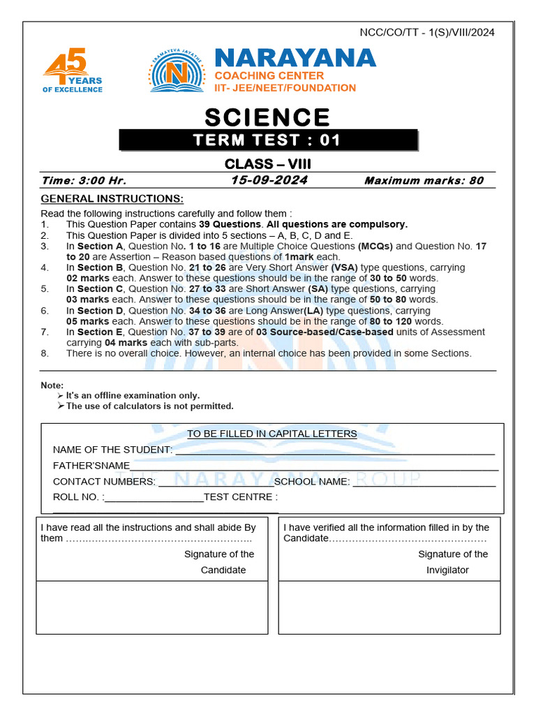 01 - CLASS - VIII - TERM TEST - 1 - SCIENCE - Date - 15-09-2024 ...