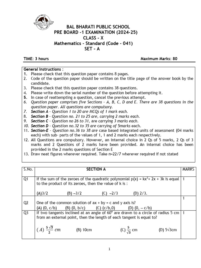 Maths Standard - 10 - PB - QP - Set A | PDF | Circle | Area