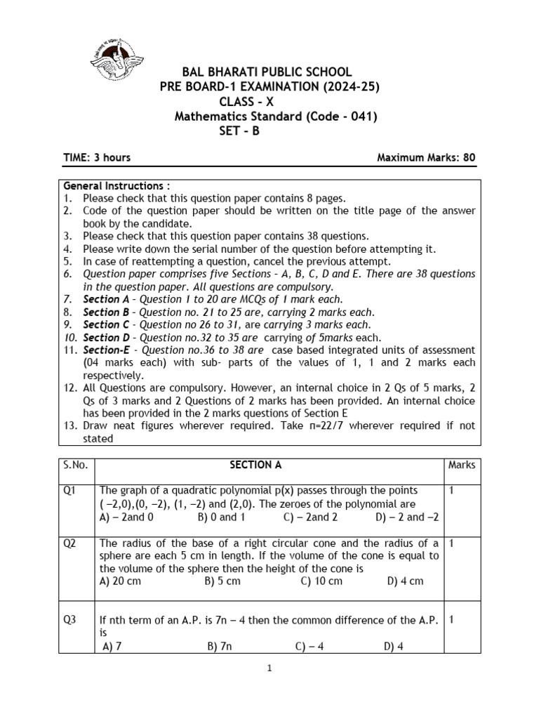 Maths Standard - 10 - PB - QP - Set B | PDF | Sphere | Circle