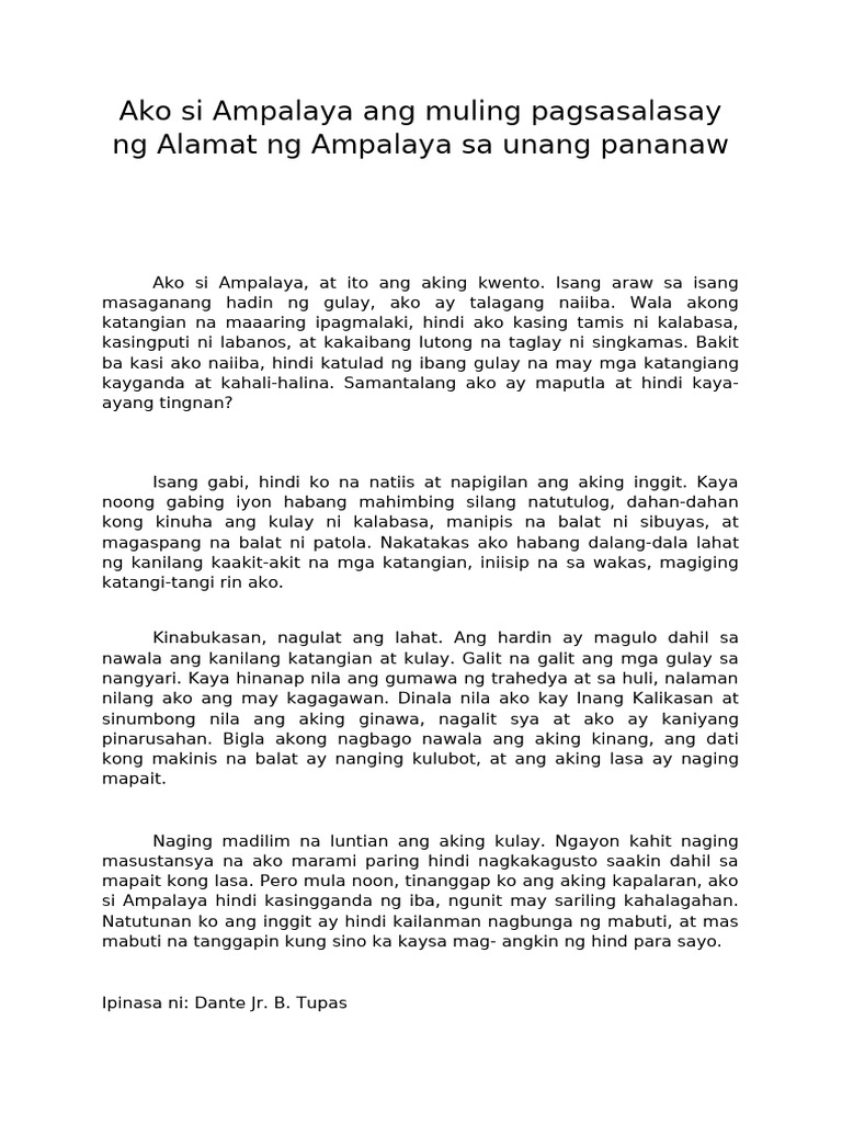 Ako Si Ampalaya Ang Muling Pagsasalasay Ngalamat NG Ampalaya Sa Unang ...
