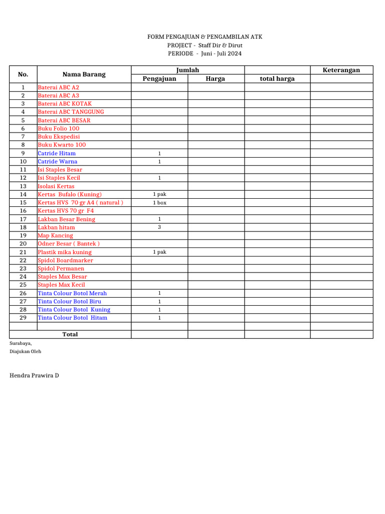 Pengajuan ATK Hendra Juni 24 | PDF