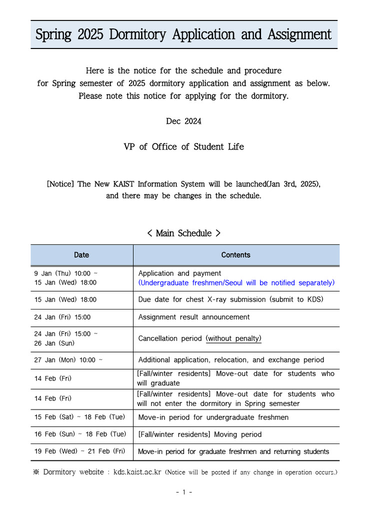 Spring 2025 KAIST Dormitory Guide | PDF | Dormitory