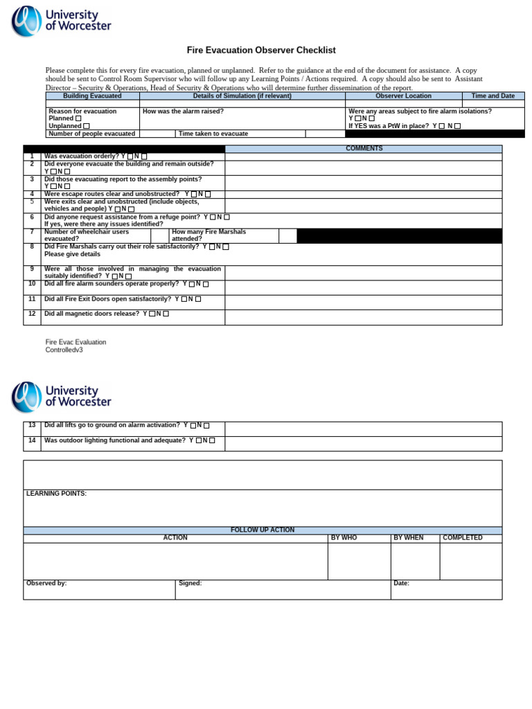Fire Evacuation Observer Checklist | PDF | Emergency Evacuation