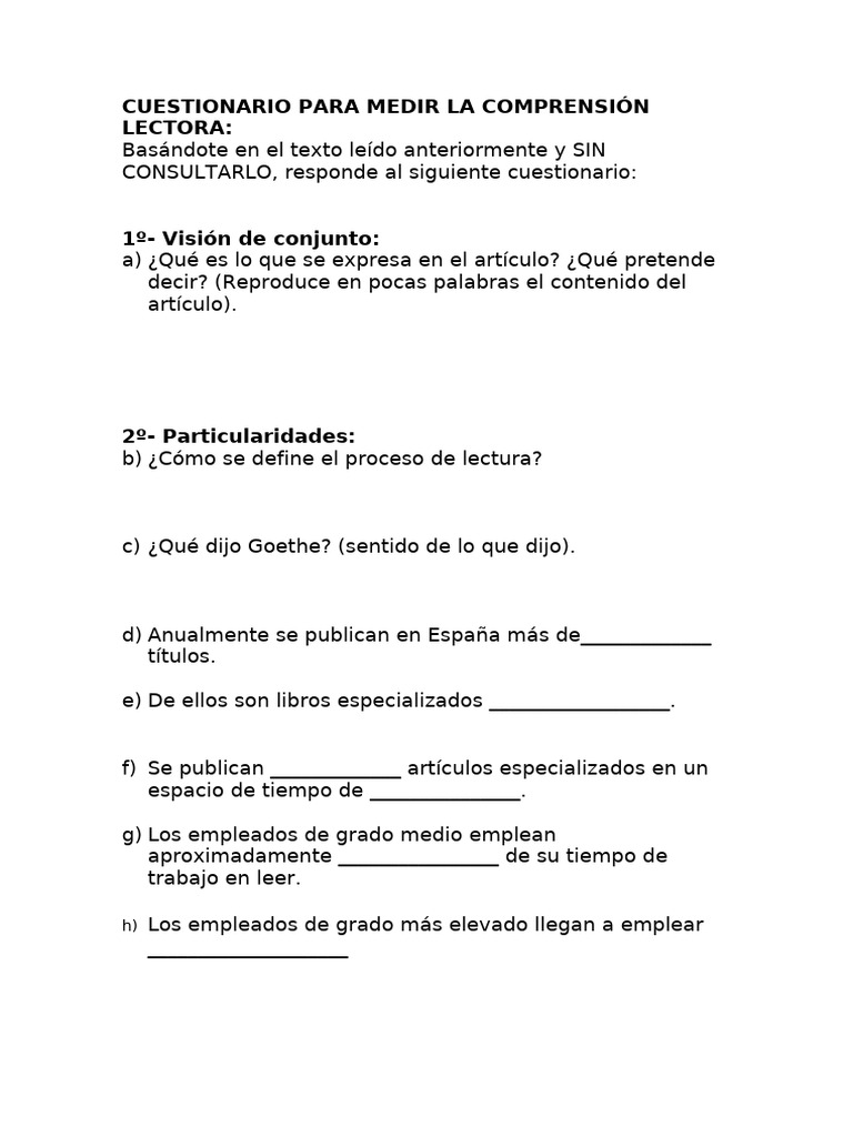 Cuestionario de Comprensión Lectora | PDF