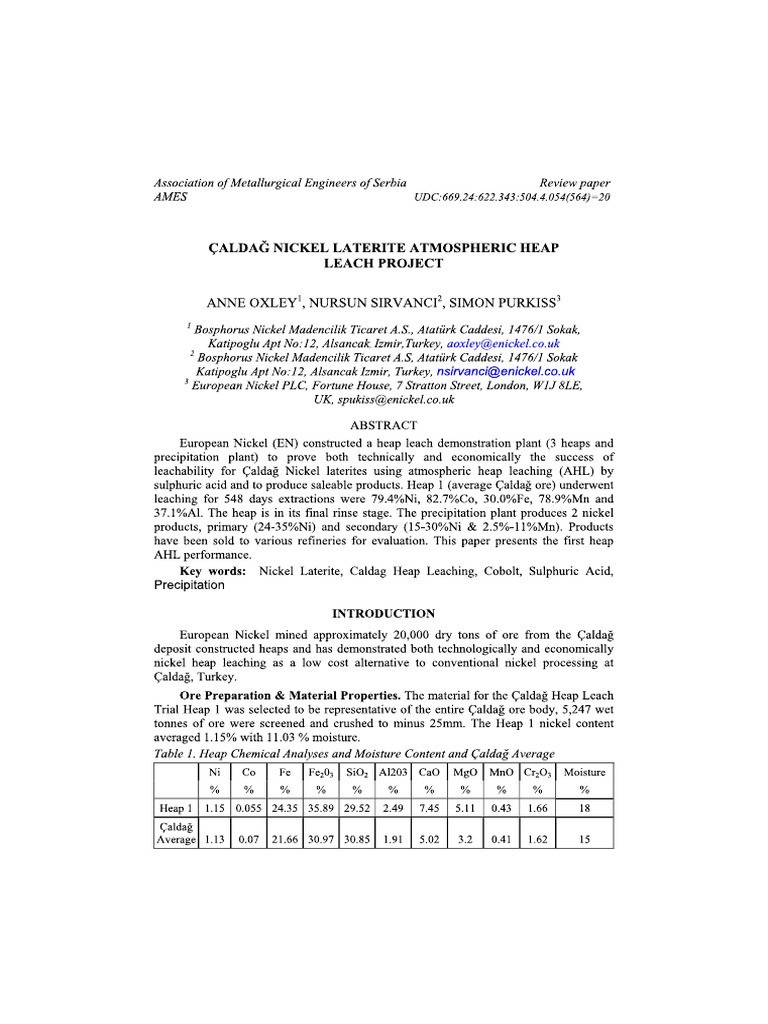 B1 2007 Oxley Caldag Nickel Laterite Atmospheric Heap Leach Project ...