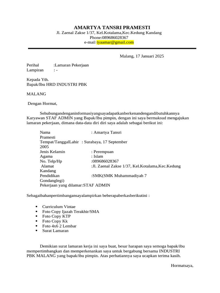 SURAT LAMARAN INDUSTRI PBK | PDF