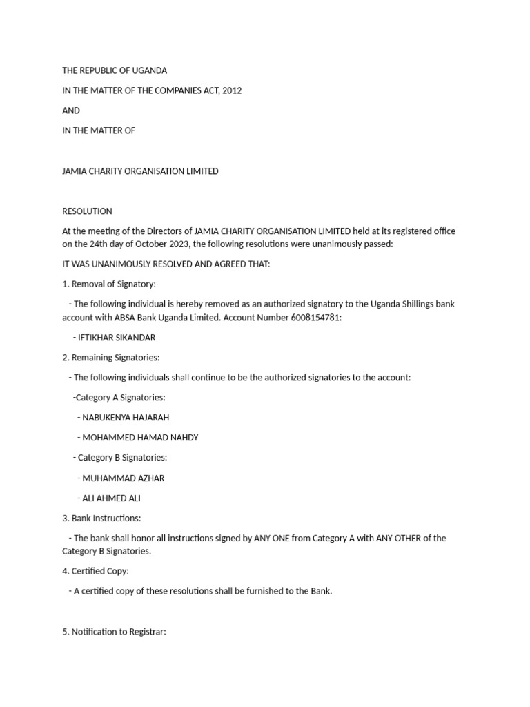 Absa Resolution To Remove Signatory | PDF