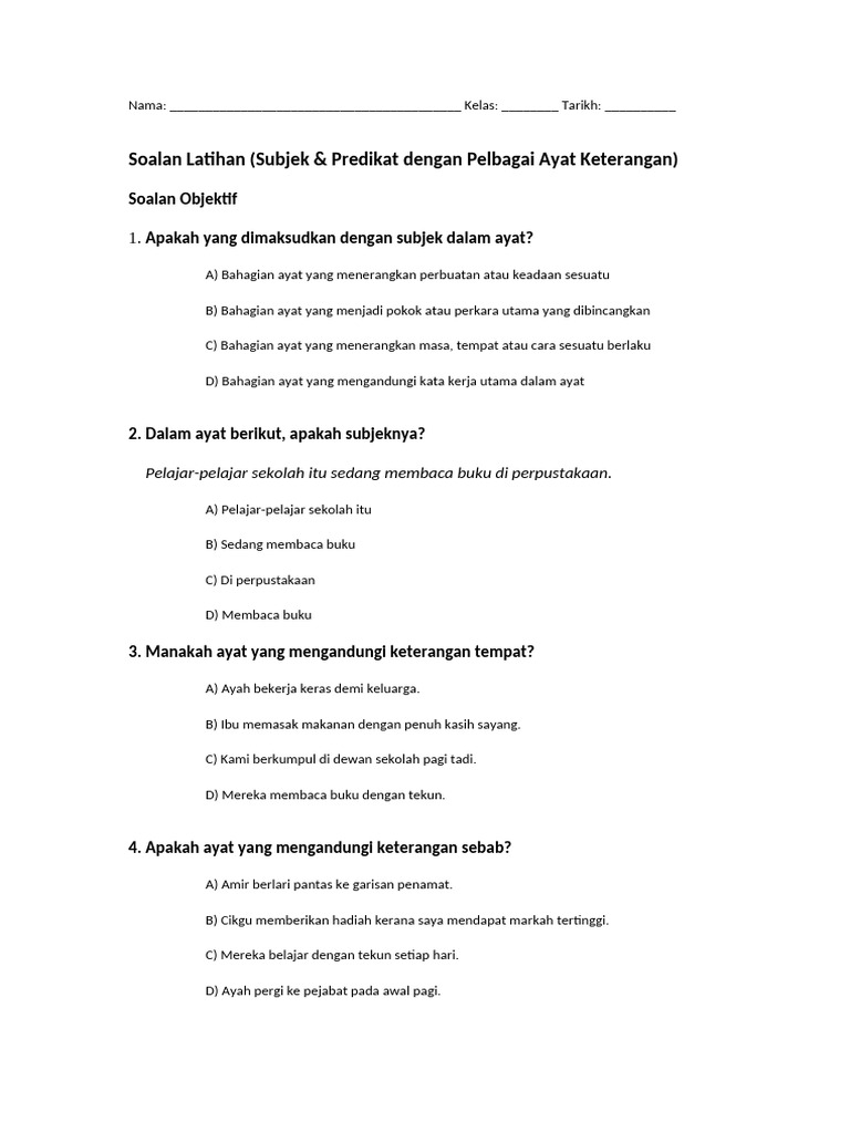 Latihan Pelajar Subjek Predikat Ayat Keterangan | PDF