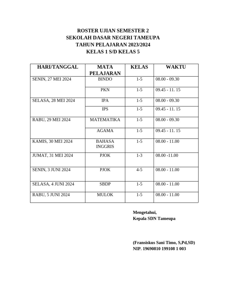 Roster Ujian Semester 2 | PDF