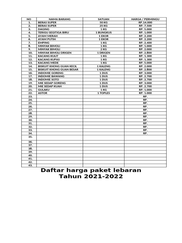 Daftar Harga Paket Lebaran 2021-2022 | PDF