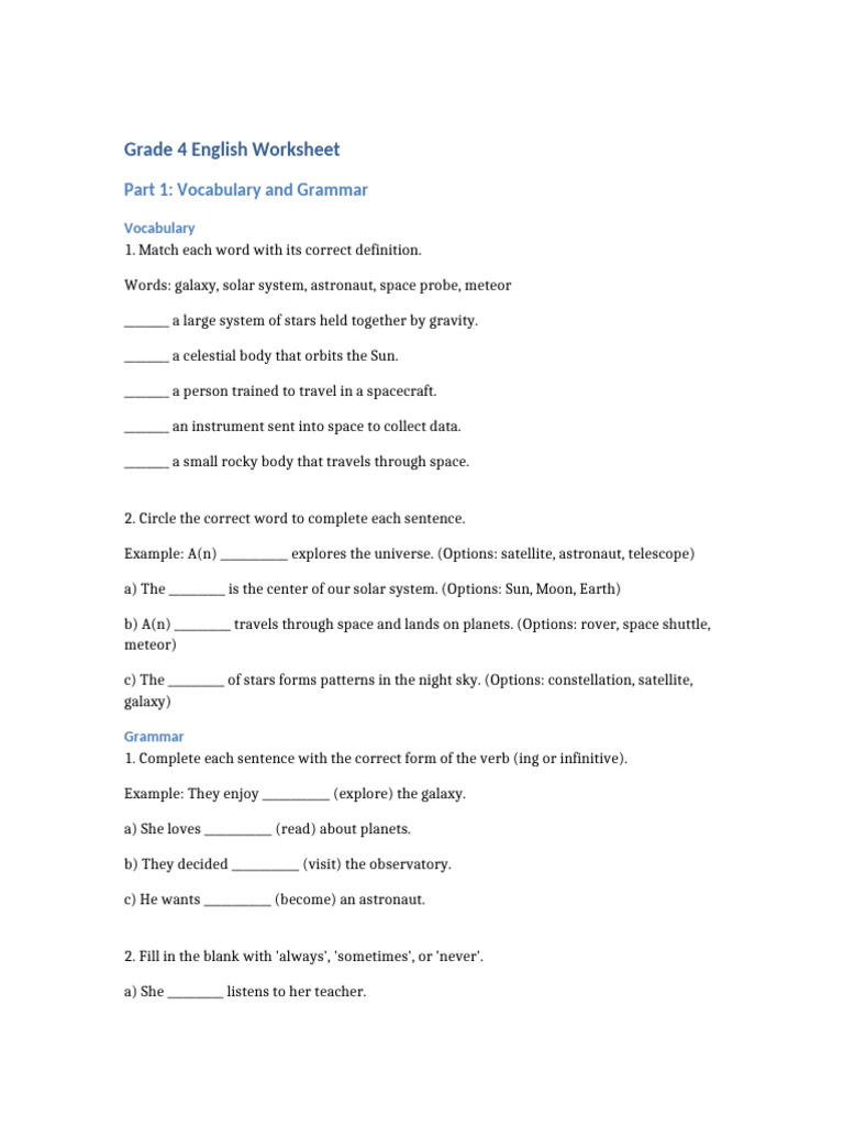 Grade 4 English Worksheet: Space & Community | PDF | Planets | Outer Space