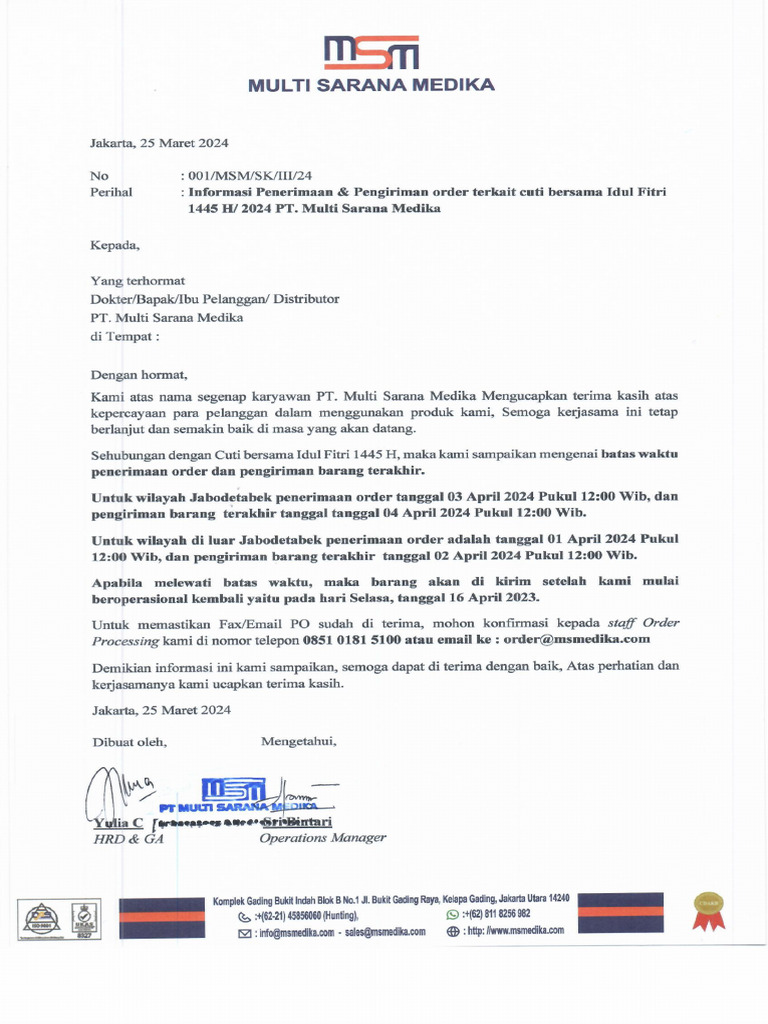 Surat Informasi Penerimaan Order Terkait Cuti Bersama Idul Fitri 2024 ...