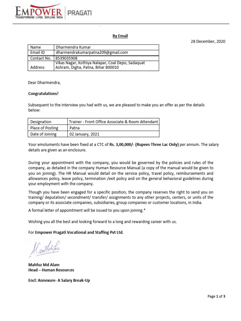 Job Offer for Trainer in Patna | PDF | Business