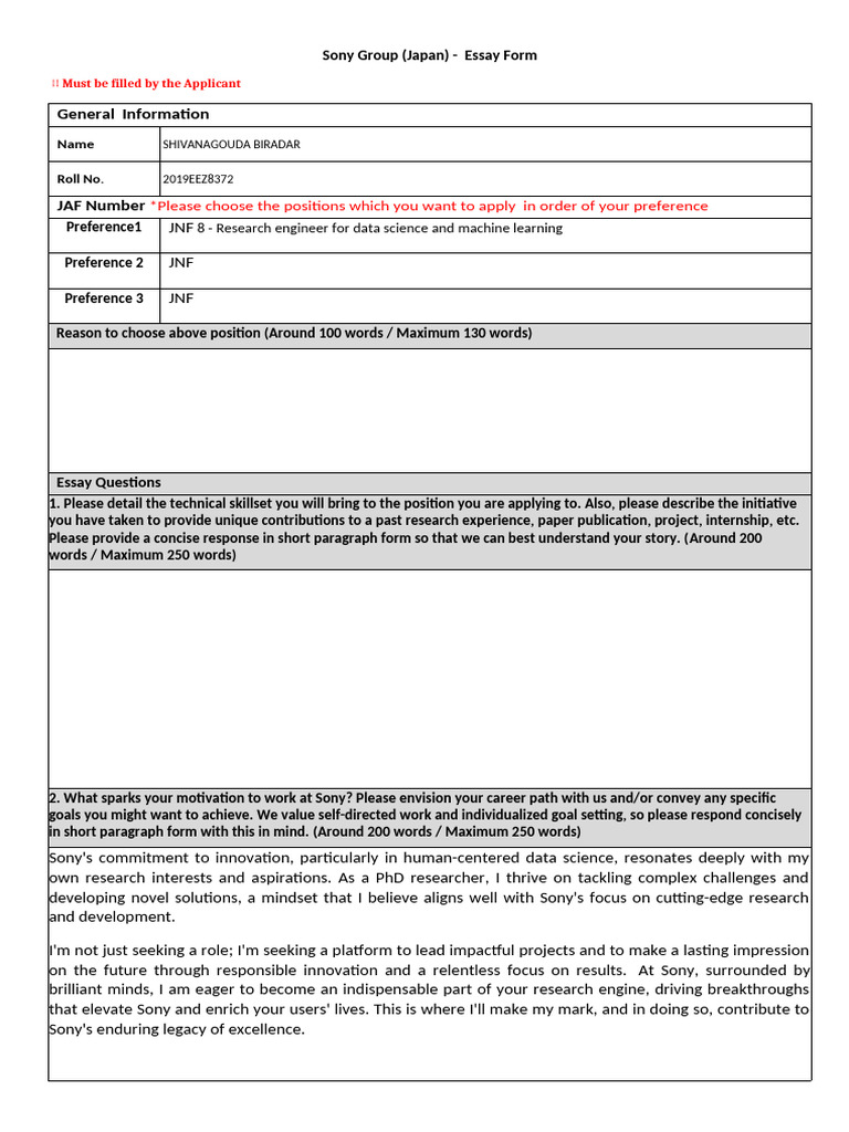 Sony Japan_Essay Form_Fulltime - IITD | PDF