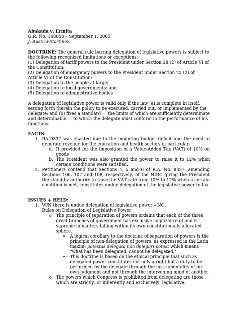 Legislative Power Delegation in Abakada Case | PDF | Presidents Of The ...