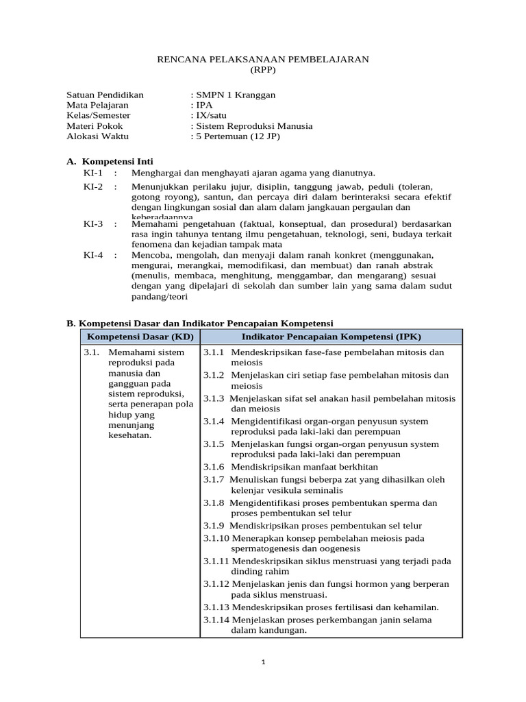 RPP Pai K9 Bab 1 Sistem Reproduksi | PDF