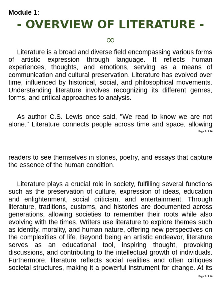 Module 1 - Overview of Literature | PDF | Narrative | Essays