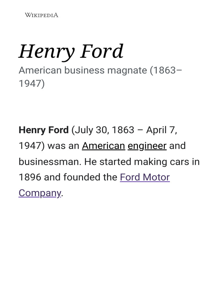 Henry Ford - Simple English Wikipedia, The Free Encyclopedia | PDF ...
