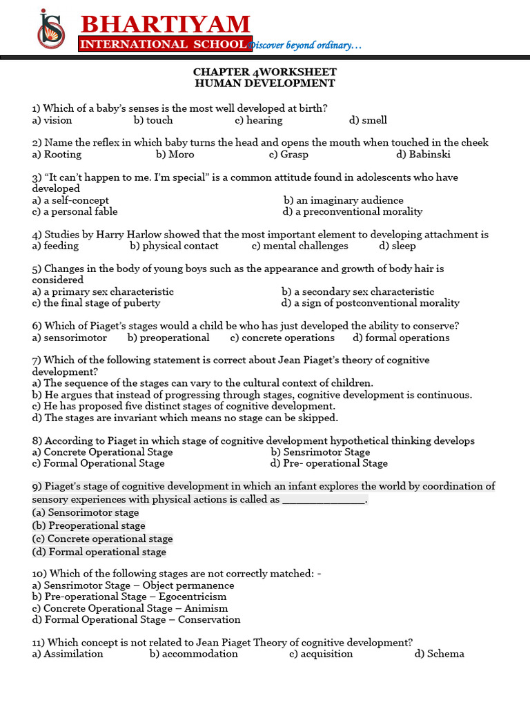 Chapter 4 Human Development Worksheet | PDF | Cognitive Development ...