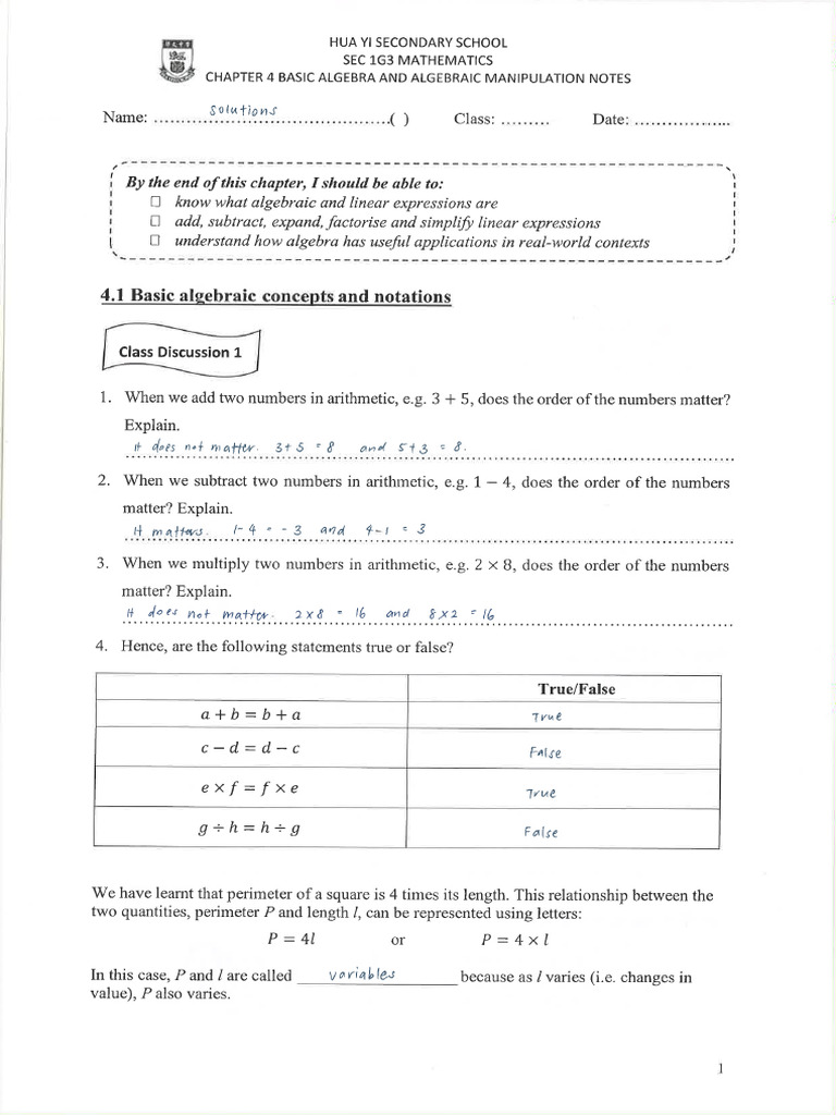 1G3 Chp 4 Basic Algebra Notes [Sol] | PDF