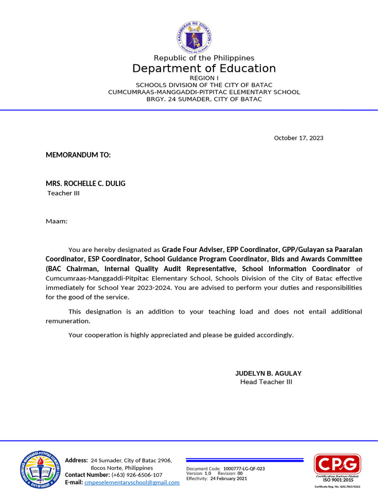 Designation Memo for Grade Four Adviser | PDF | Government | Governance