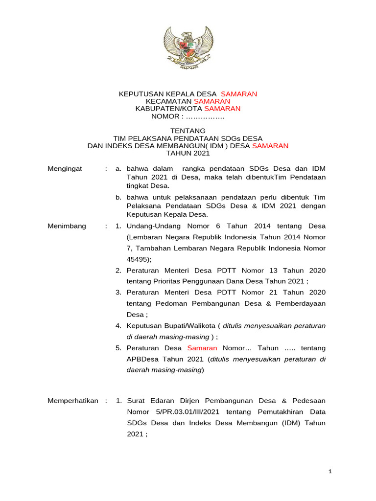 Surat Keputusan (SK) tentang Tim Kelompok Kerja Relawan Pendataan SDGs Desa dan Indeks Desa ...