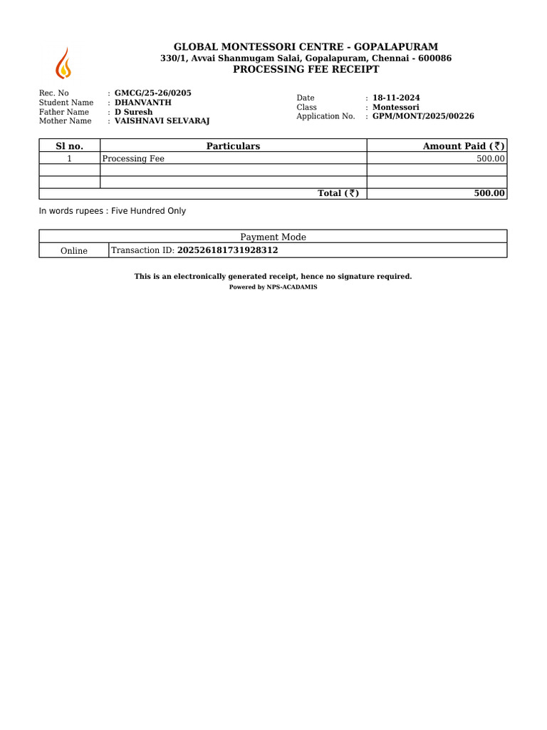 School Appln Receipt GMCG25-260205 | PDF