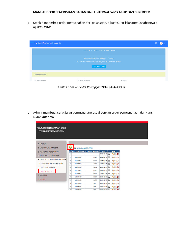 Manual Book Penerimaan Bahan Baku Internal WMS Arsip Ke Shredder | PDF