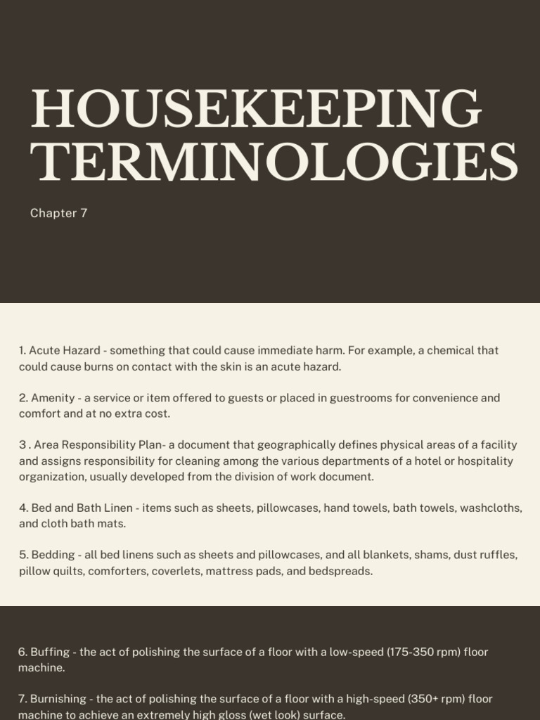 Housekeeping Terminologies Explained | PDF | Housekeeping | Bedding