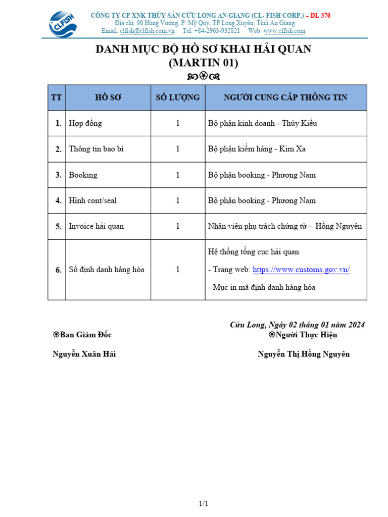 02.01.2024 Danh M C B H Sơ Khai H I Quan (Martin 01) | PDF