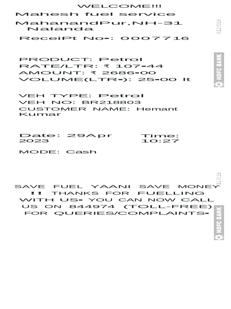 Petrol Purchase Receipt - Mahesh Fuel Service | PDF