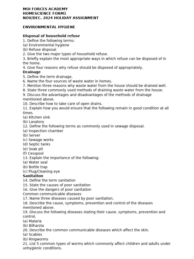 Home Science Form 1 | PDF | Hygiene