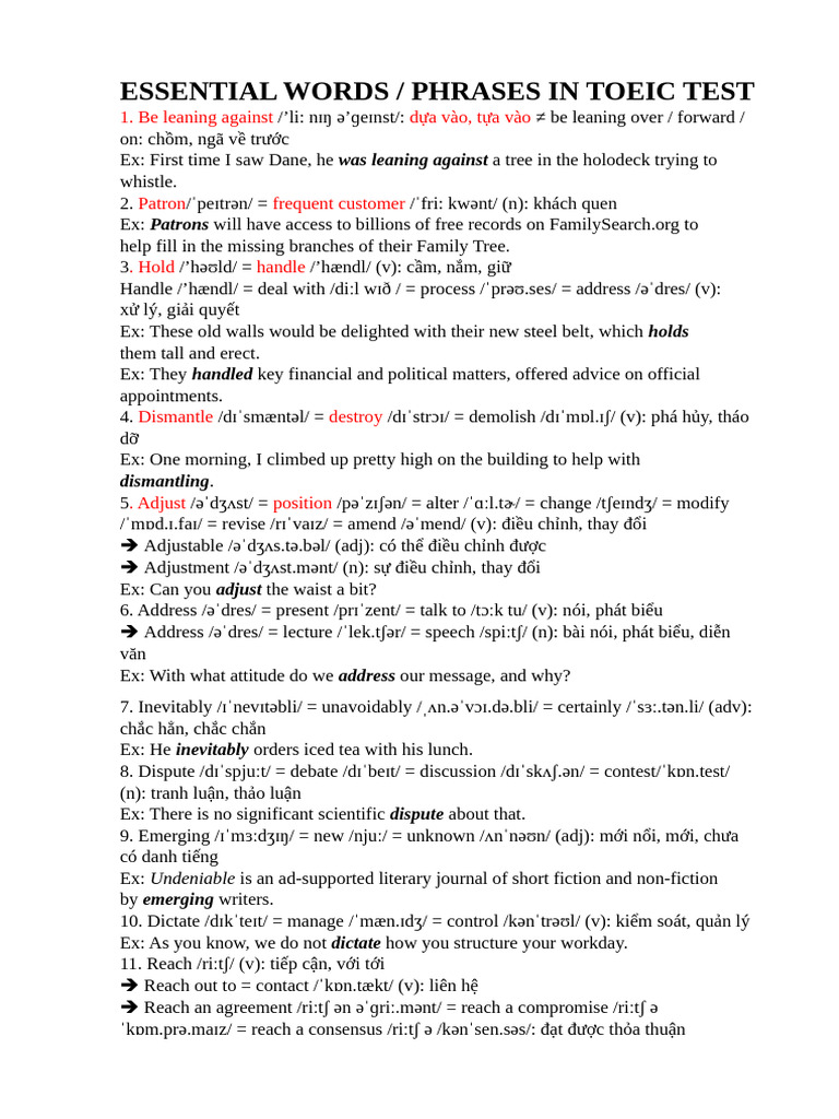 Key TOEIC Vocabulary and Phrases | PDF
