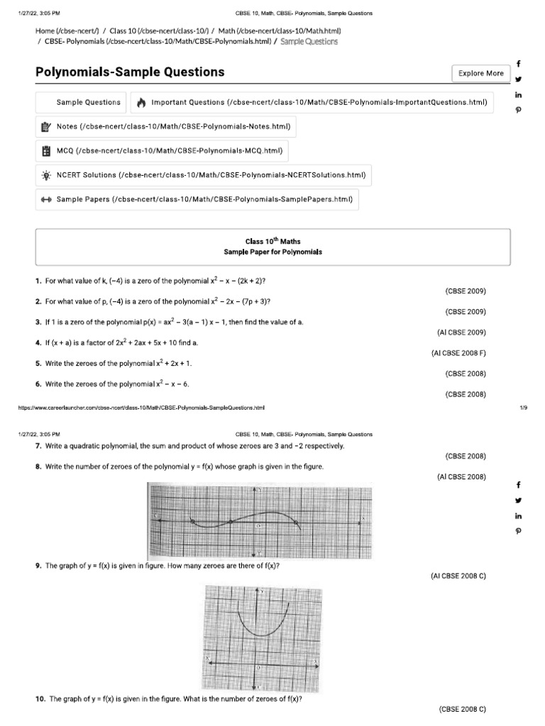 Polynomials Question Paper 2 | PDF
