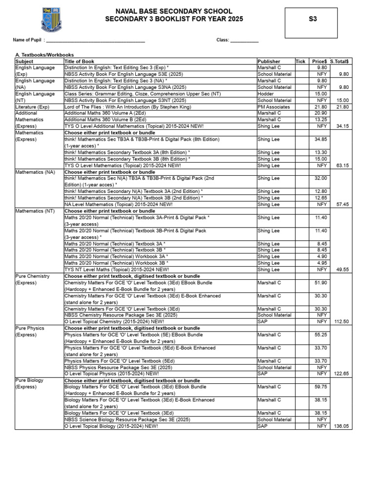 S3_NBSS_Final_2025_Booklist_D4_111024 | PDF | Textbook | Mathematics