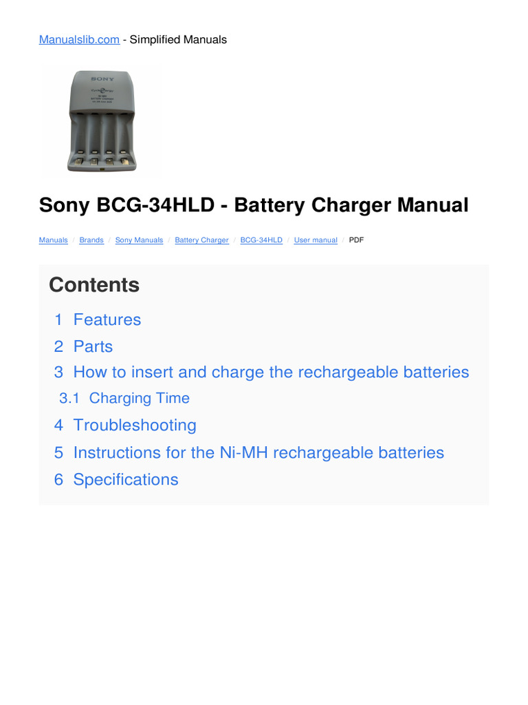 Sony BCG-34HLD - Battery Charger Manual | PDF | Battery Charger ...