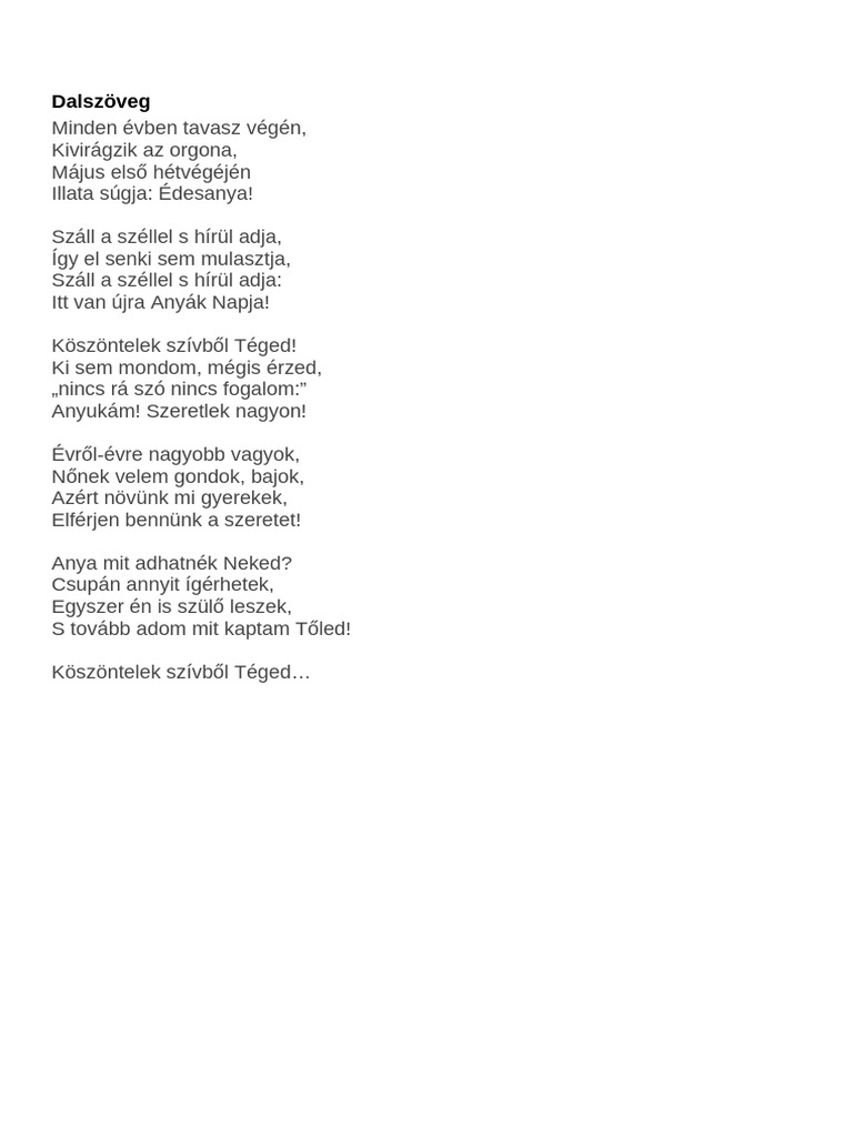 Anyáknapi Dalok Szövege | PDF