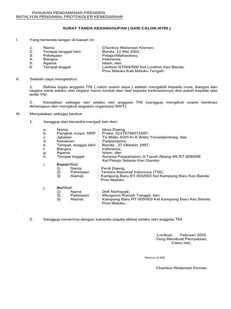 Surat Kesanggupan Calon Istri TNI | PDF