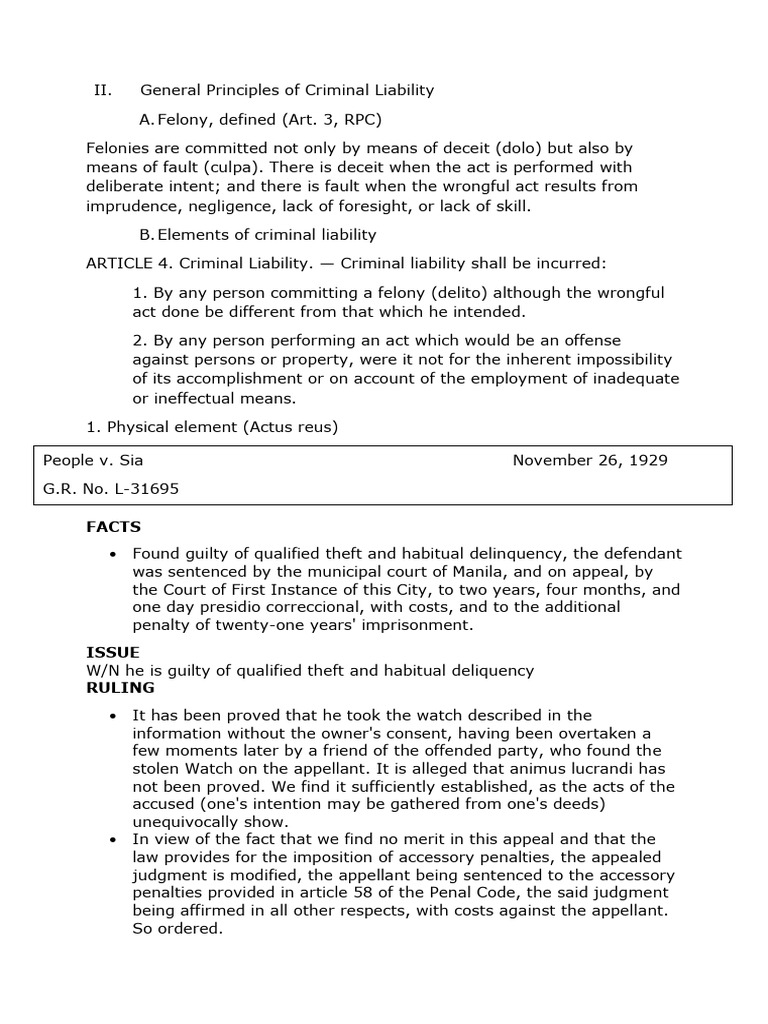 CrimLaw II. General Principles of Criminal Liability | PDF | Mens Rea ...