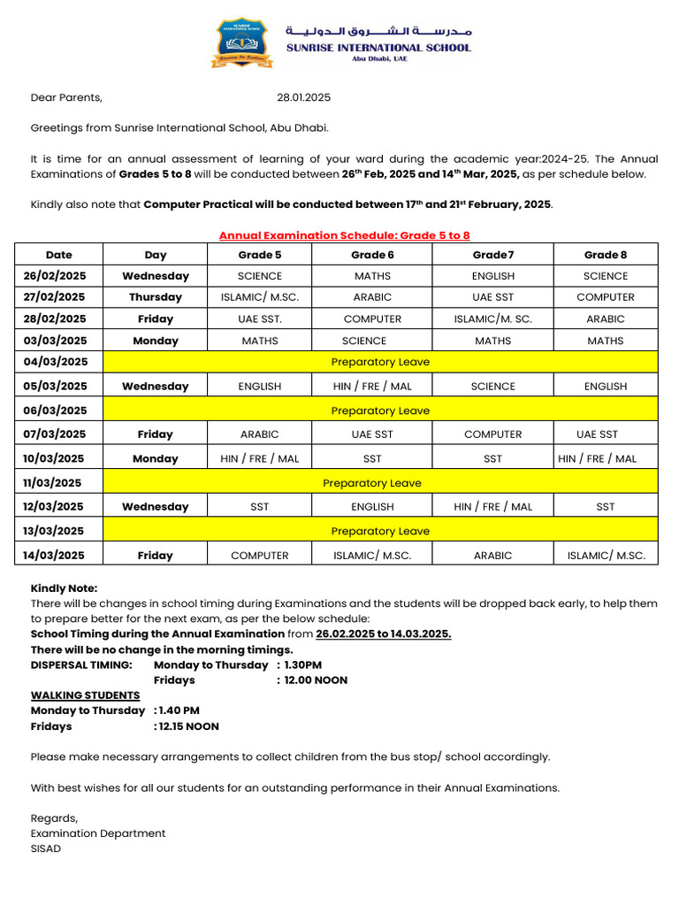 Annual Exam Time Table (Grades 5 To 8) | PDF | Educational Stages