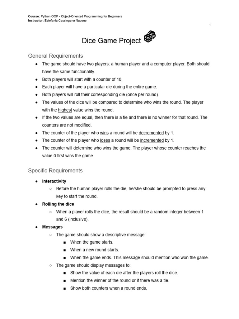 Python Dice Game OOP Course Project | PDF | Object Oriented Programming | Boolean Data Type