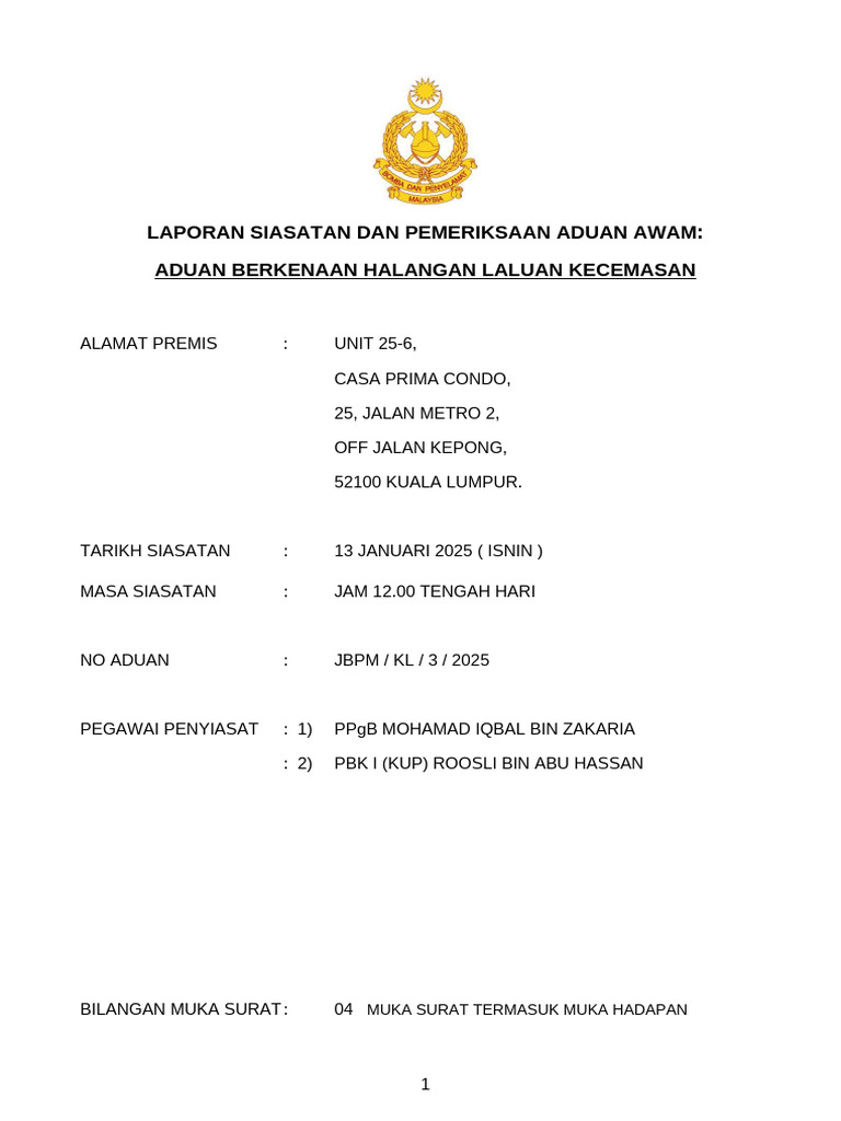 Laporan Siasatan Dan Pemeriksaan Aduan Awam - KL-3-2025 | PDF