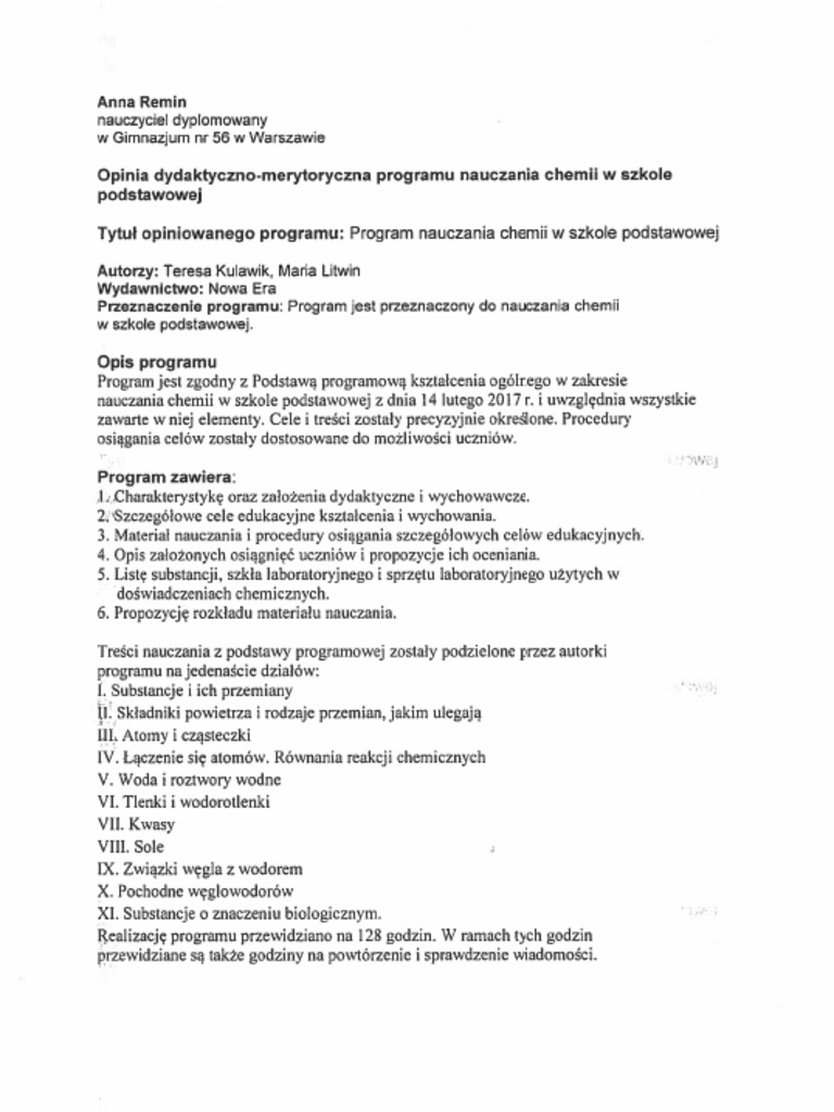 Opinia Merytoryczna o Programie Nauczania Chemia Nowej Ery | PDF