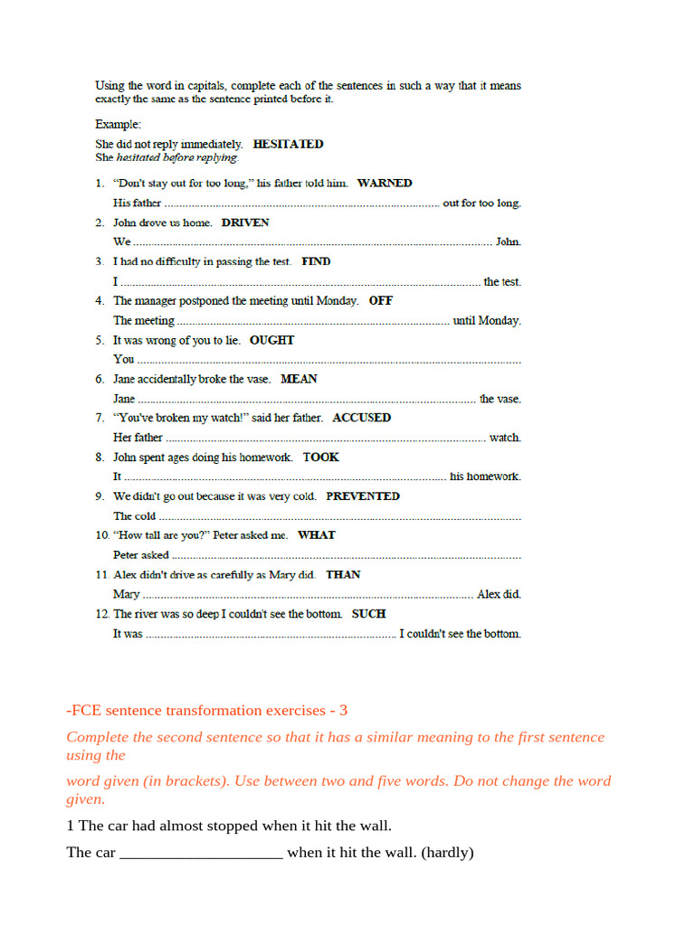 FCE Sentence Transformation Exercises | PDF | Zucchini | English Language