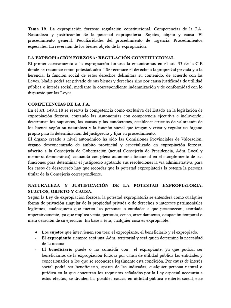 Tema 19. Común J.A | PDF | Dominio eminente | Solo compensación