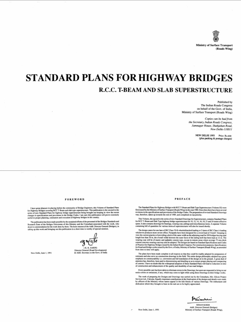 MoRTH Standard Drawing-RCC T-Beam & Slab Superstructure | PDF